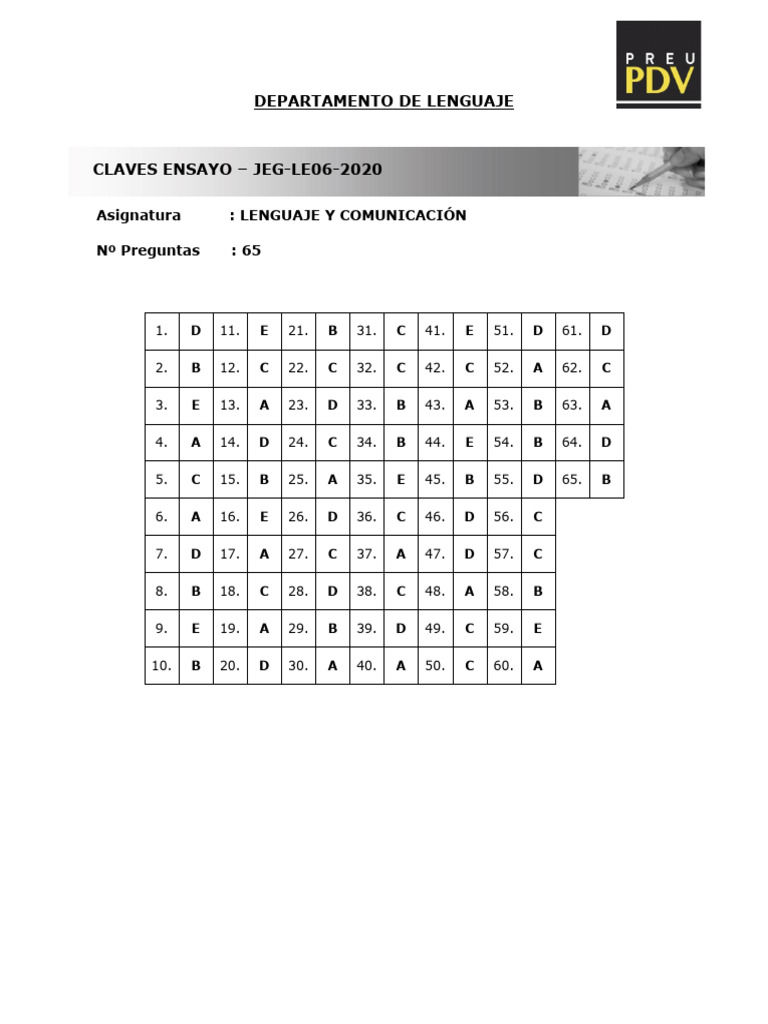 6Â° JEG 2020 Lenguaje PDV Claves | PDF