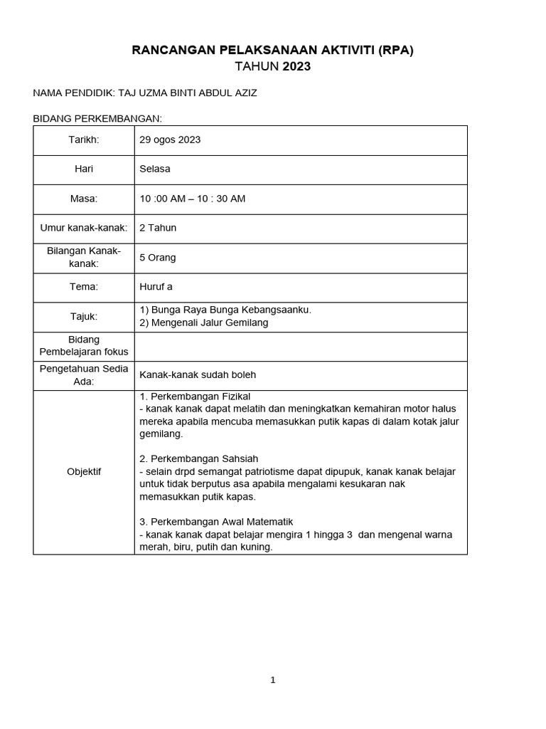 Rpa 29 Ogos 2023 Toddler New | PDF