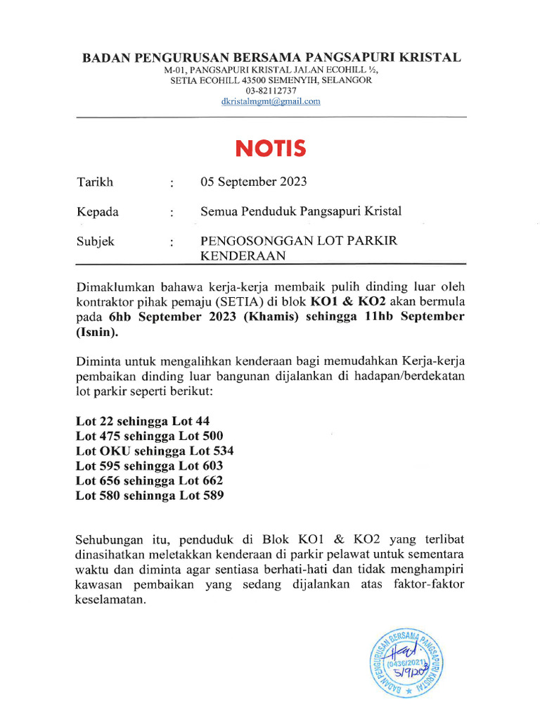 Notis Makluman Pengosonggan Lot Parkir | PDF