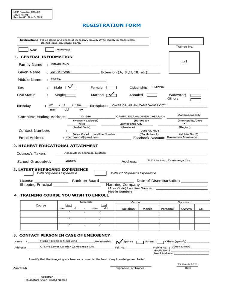 Trainee - Registration - Form Po3 Mirabueno | PDF | Written ...