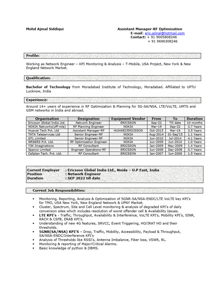 RF Optimization Engineer Profile | PDF | 4 G | Lte (Telecommunication)