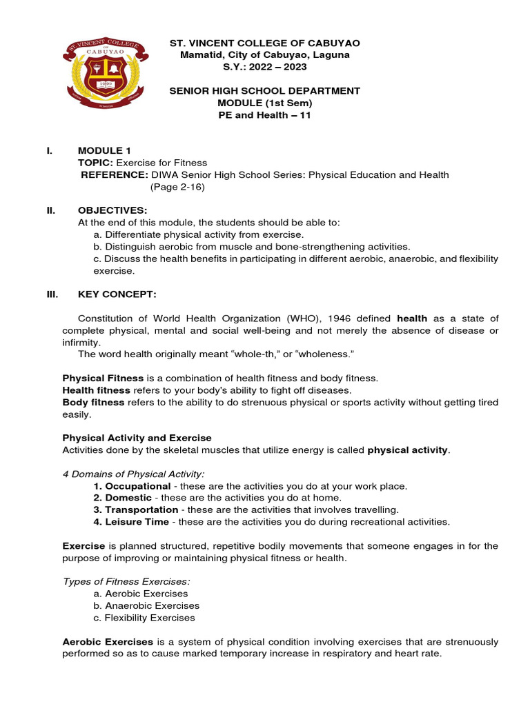 Module 1 - Pe Health | PDF | Physical Fitness | Aerobic Exercise