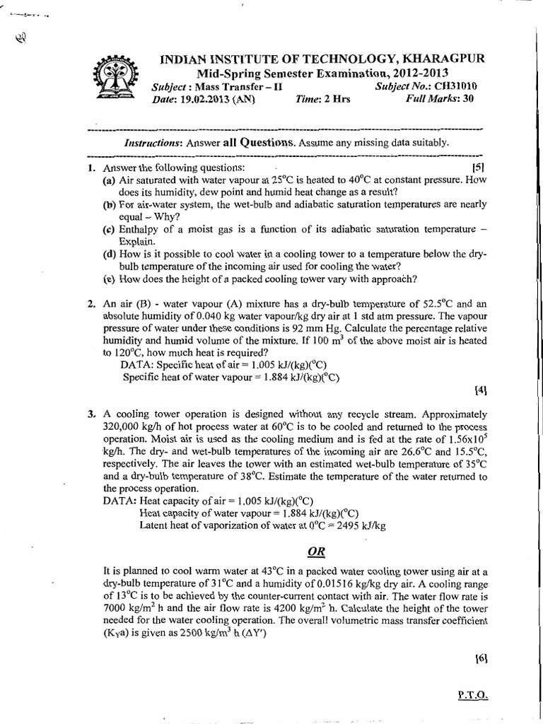 CH31010 Mass Transfer II MS 2013 | PDF | Humidity | Water Vapor