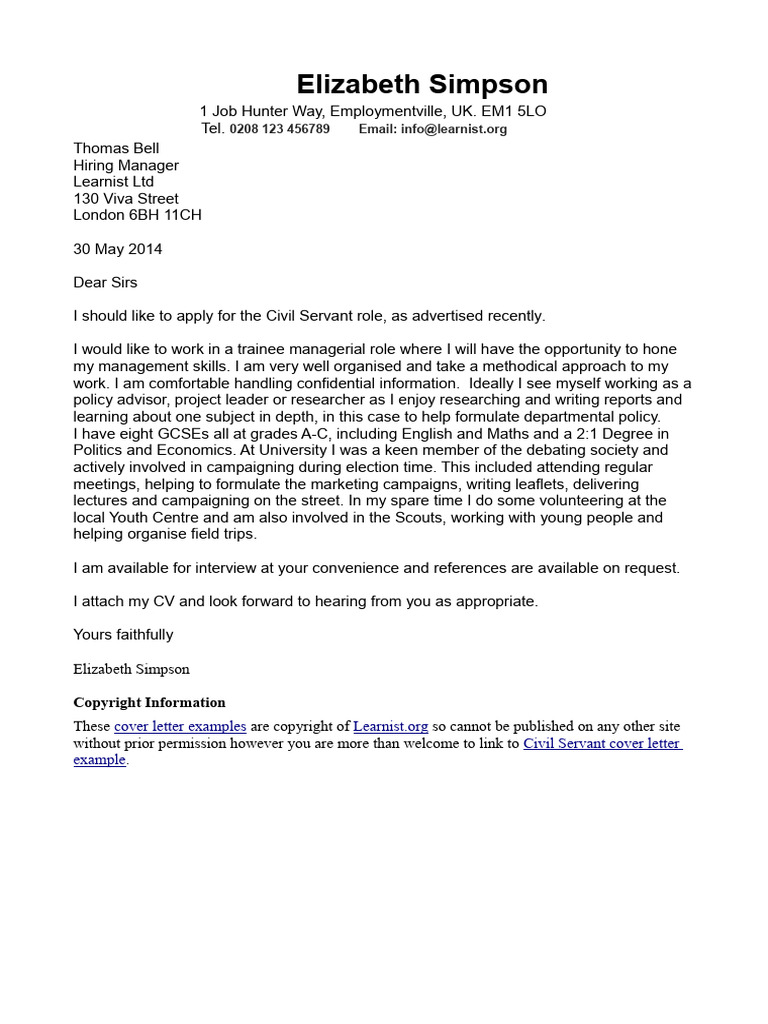 Civil Servant Cover Letter Example | PDF