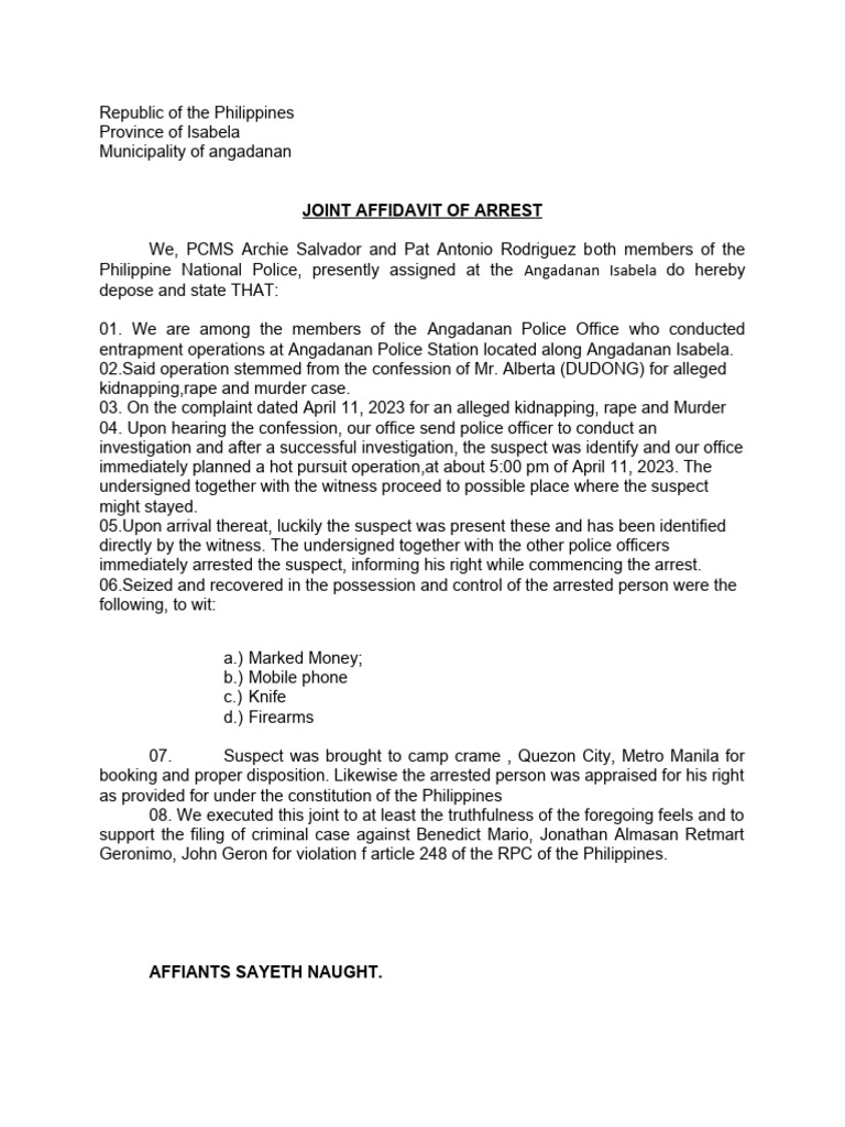 Affidavit of Arrest 02 | PDF | Affidavit | Crimes