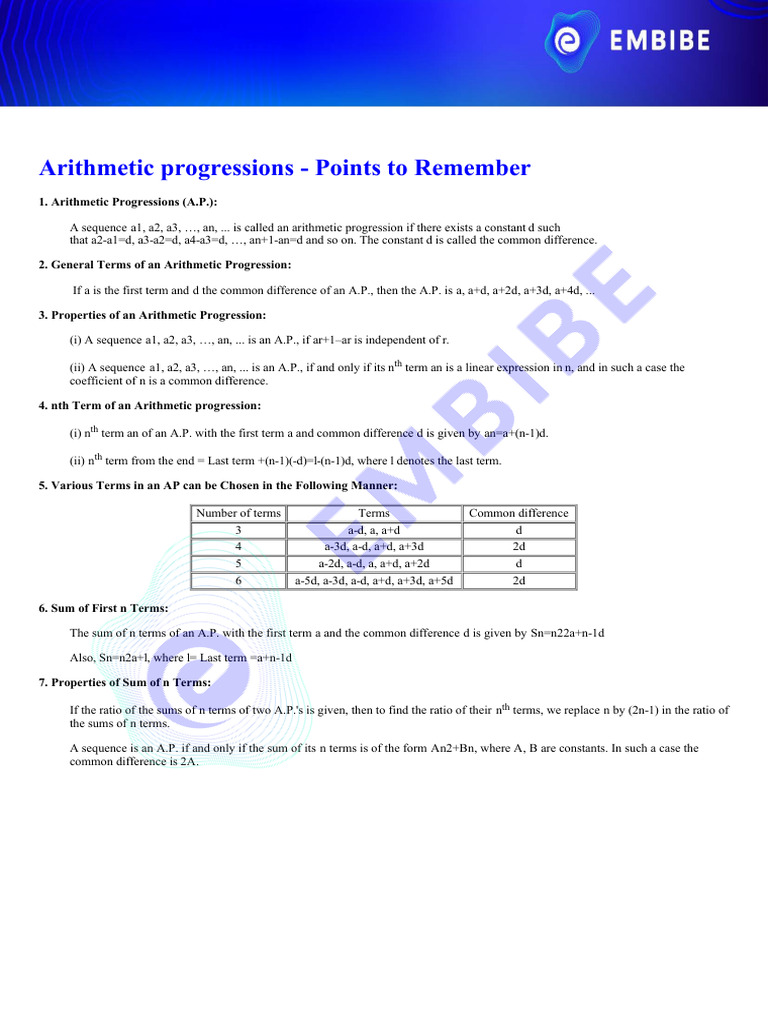 Arithmetic Progressions Formulas Pdf