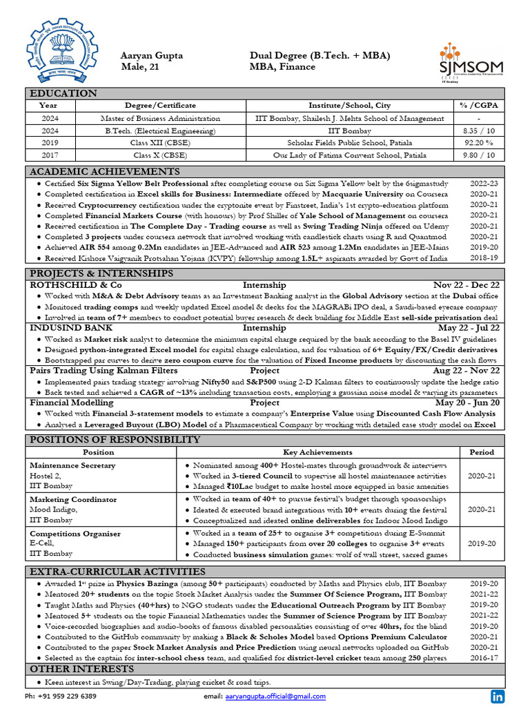 Aaryan - IIT Bombay - CV | PDF | Valuation (Finance) | Discounted Cash Flow