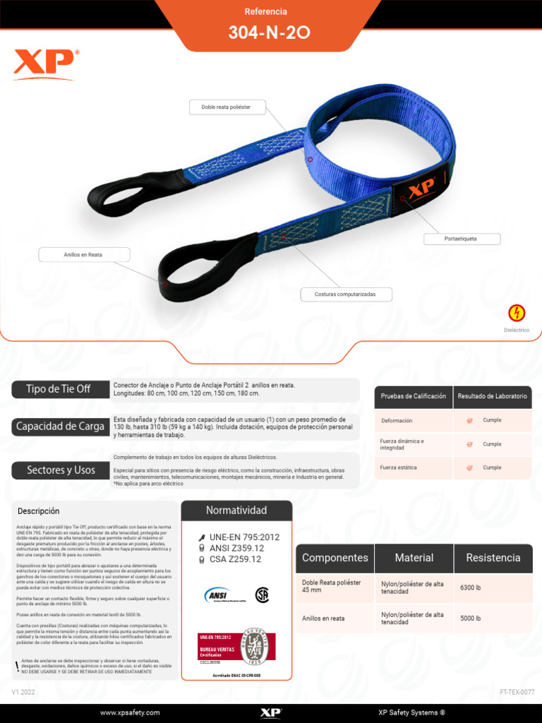Tipo de Tie Off Capacidad de Carga: UNE-EN 795:2012 ANSI Z359.12 CSA ...