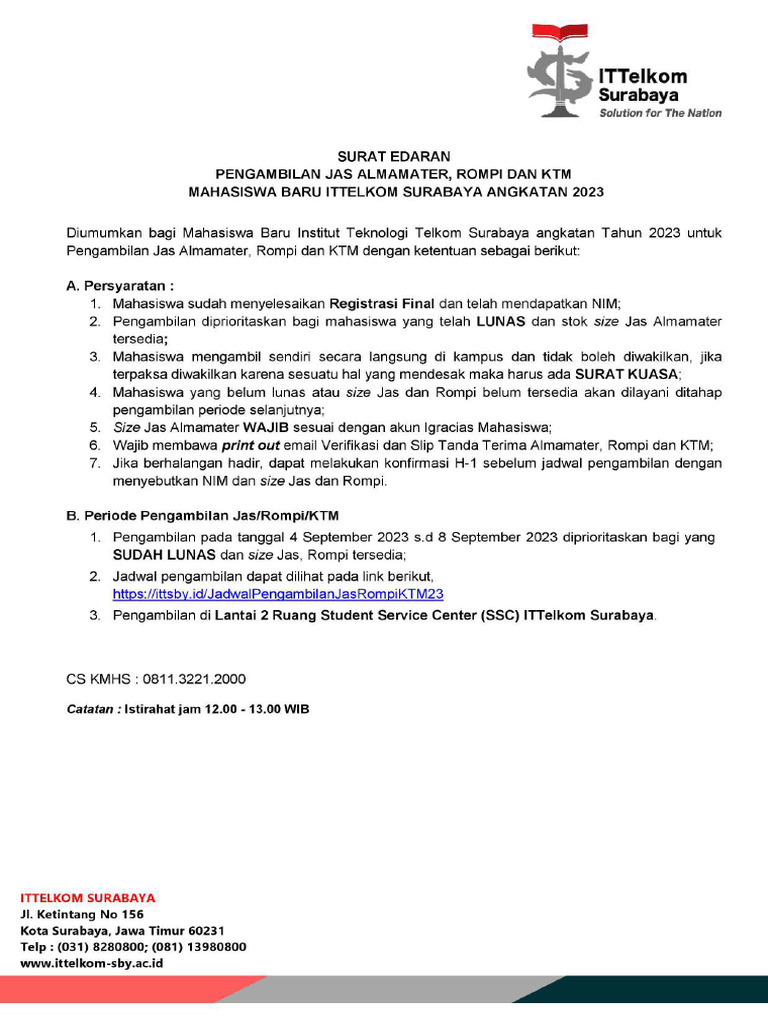Surat Edaran Pengambilan Jas Almamater, Rompi Dan KTM Maba 2023 | PDF Surat Edaran Pengambilan Jas Almamater, Rompi Dan KTM Maba 2023 | PDF