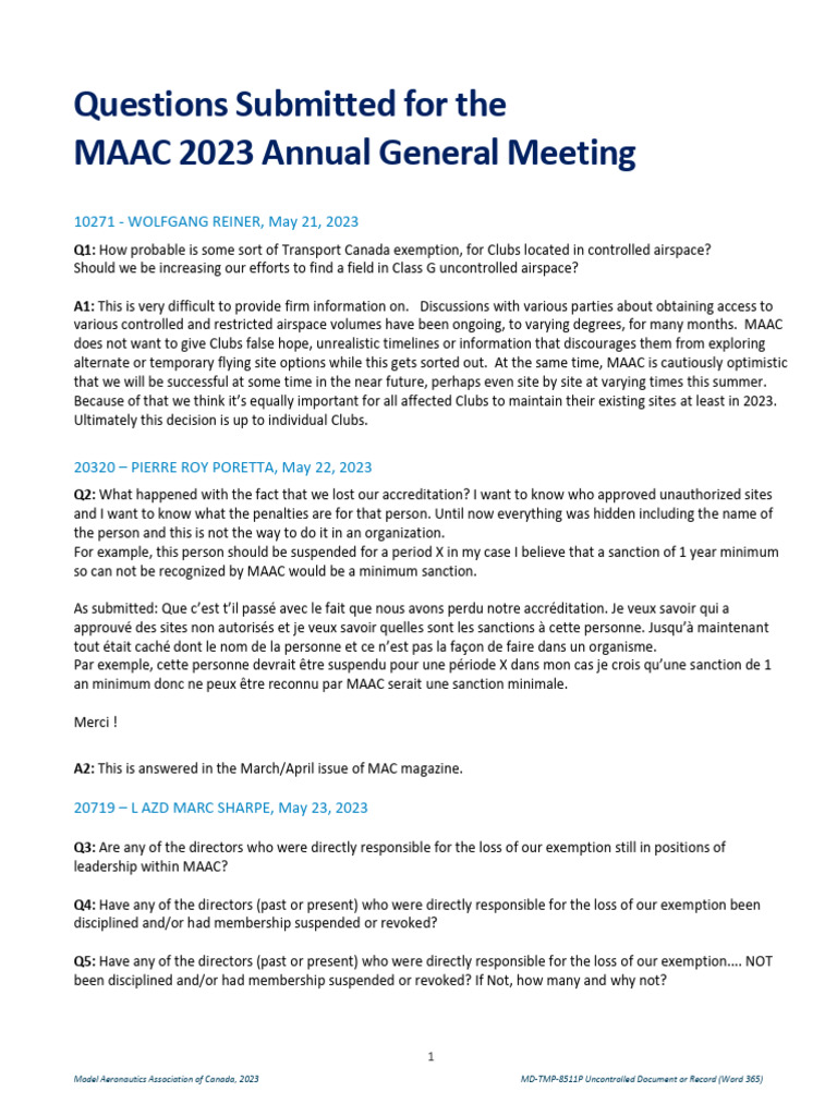 Questions For 2023 MAAC AGM | PDF