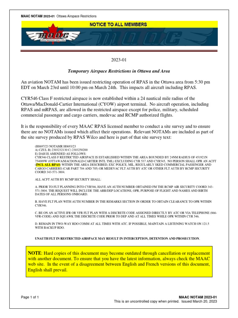 MAAC NOTAM 2023-01 Ottawa Airspace Restrictions March 23-25 | PDF | Air ...