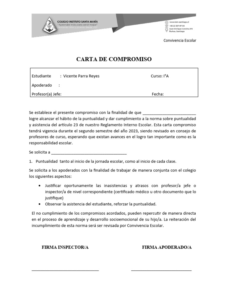 Carta Compromiso Asistencia 2023 | PDF