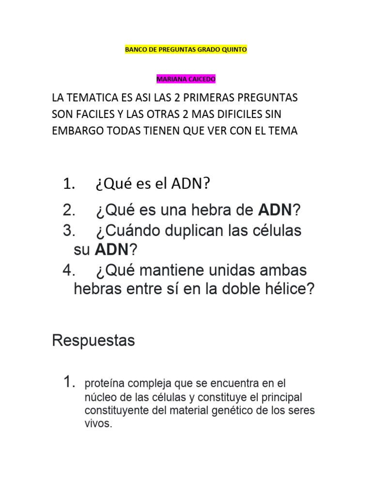 Banco de Preguntas Grado Quinto | PDF | Adn | Biología Celular)