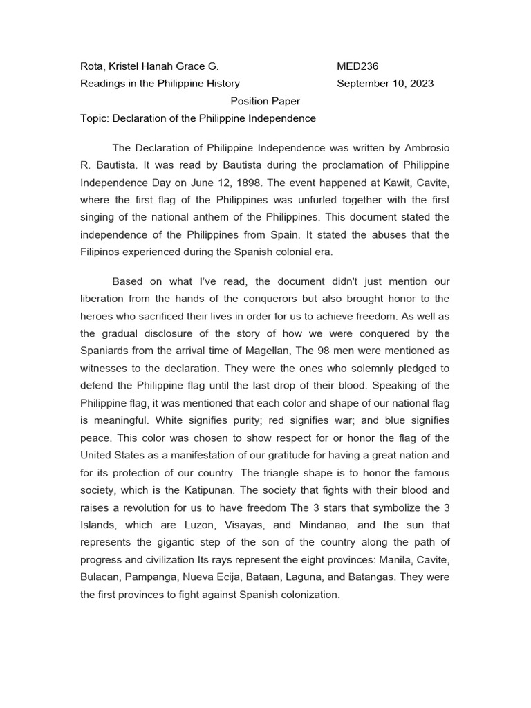 Position Paper For The Declaration of The Philippine Independence | PDF ...