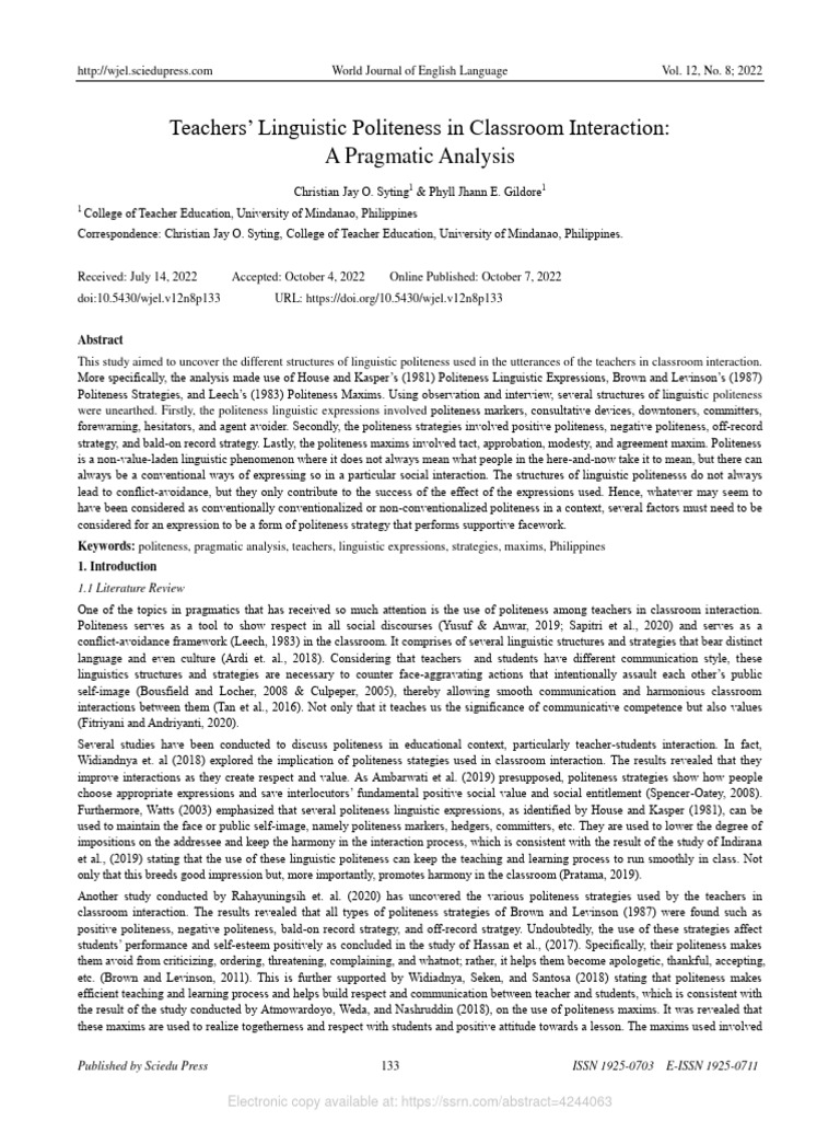 Teachers' Linguistic Politeness in Classroom Interaction A Pragmatic ...
