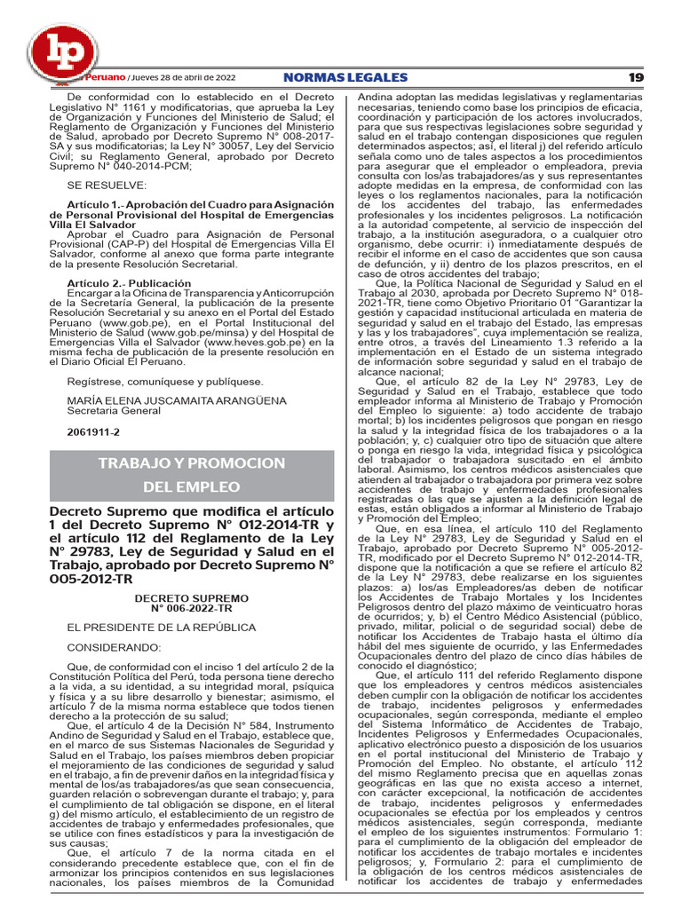 Decreto Supremo 006 2022 TR LPDerecho | PDF | Perú | Seguridad y salud ...