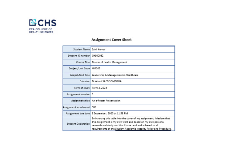 CHS Assignment Cover Sheet | PDF | Self-Improvement | Science & Mathematics