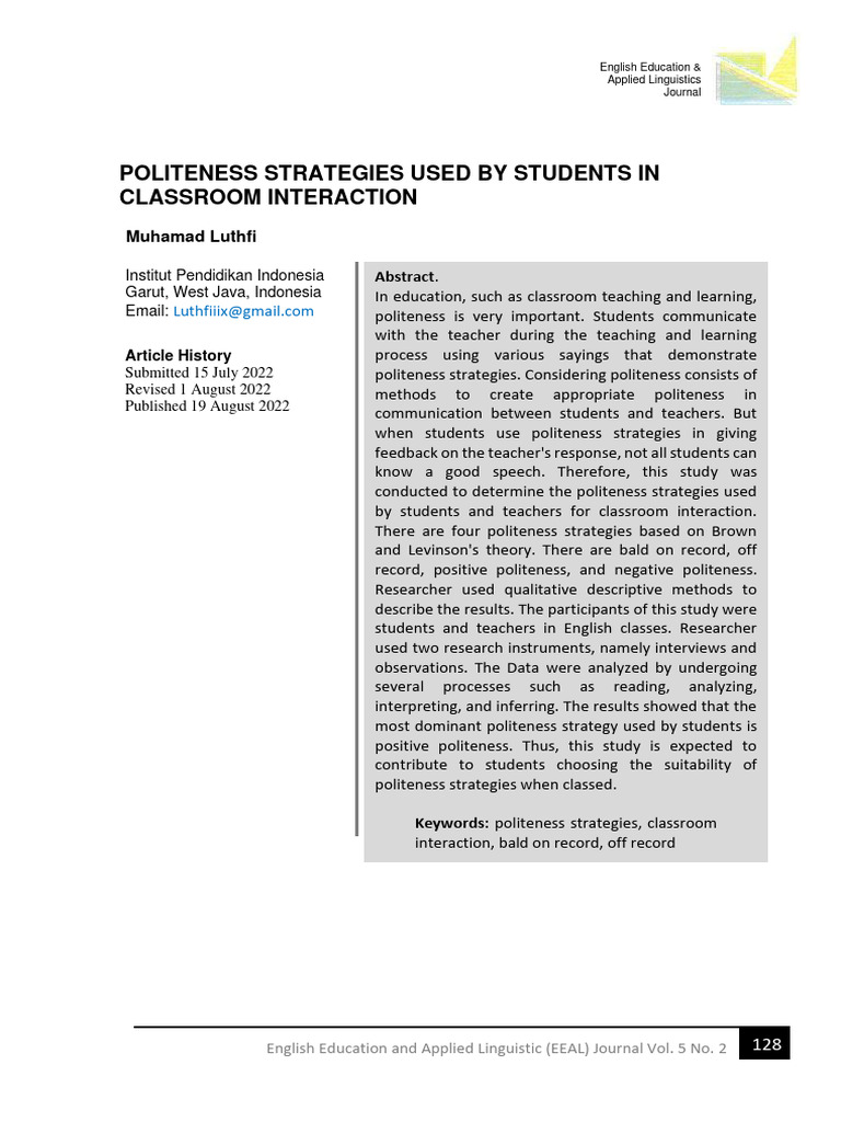 Politeness Strategies Used by Students in Classroom Interaction | PDF ...