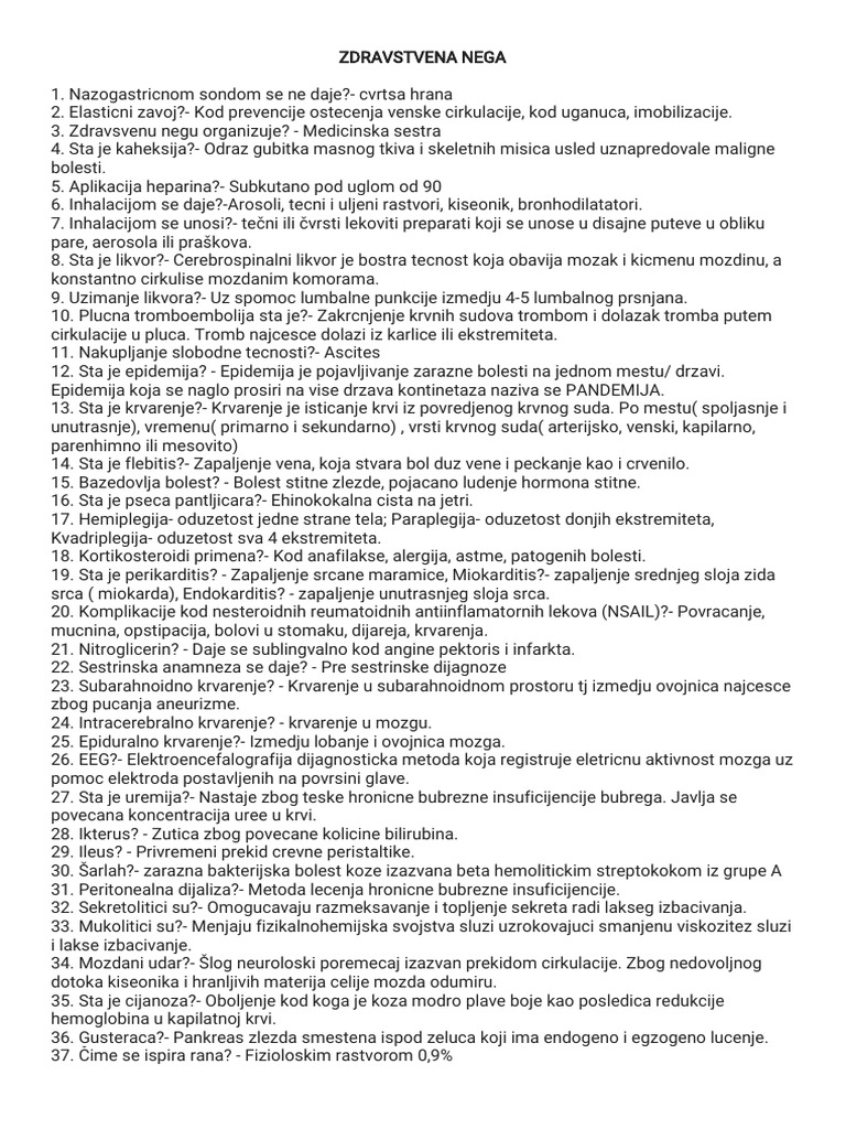 Zdravstvena Nega Stručni Ispit Najčešćih 500 Pitanja | PDF