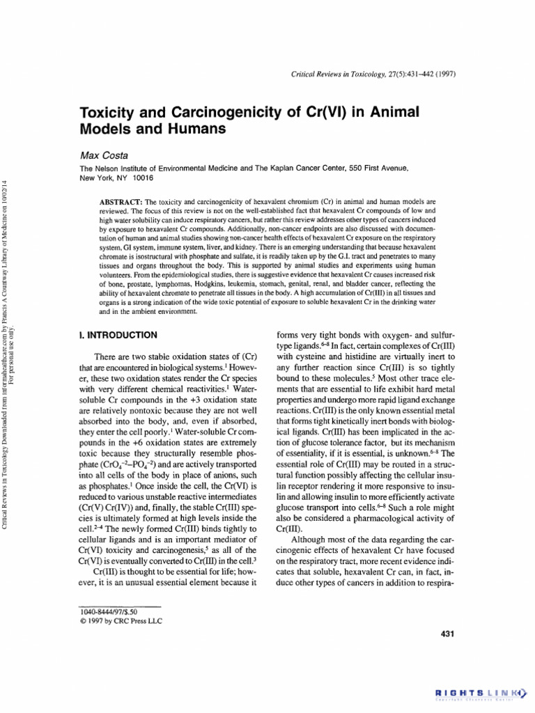 Toxicity and Carcinogenicity of CR (VI) in Animal Models and Humans | PDF | Chromium | Materials