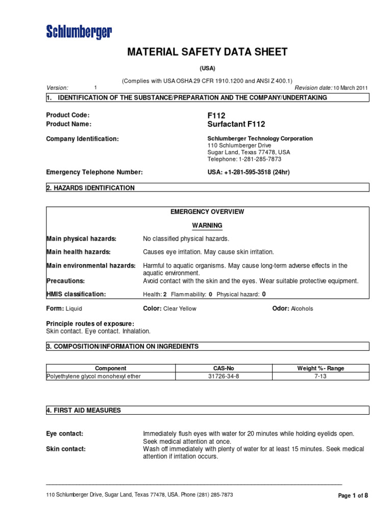 Material Safety Data Sheet: F112 Surfactant F112 | PDF | Firefighting ...