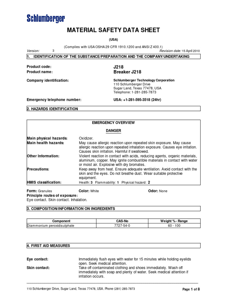 Material Safety Data Sheet: J218 Breaker J218 | PDF | Firefighting | Dangerous Goods