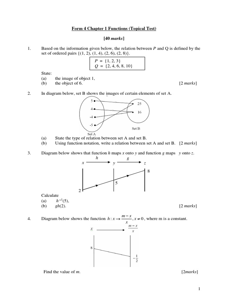 Form 4 Functions Test Questions | PDF | Function (Mathematics ...