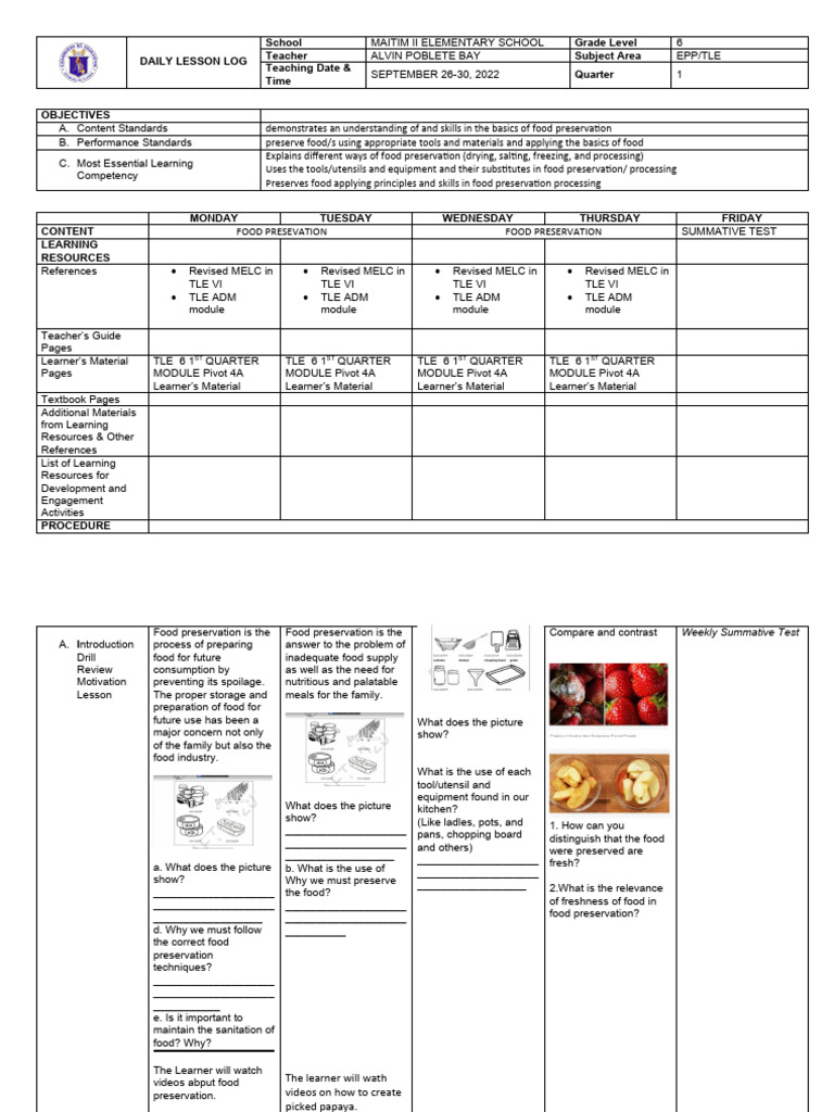 DLL Week 6 HE 6 | PDF | Food Preservation | Kitchen Utensil
