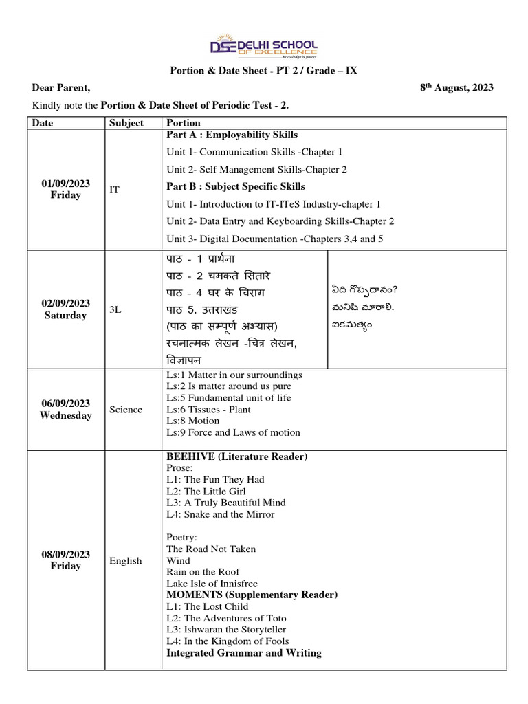 PT 2 - Portion & Date Sheet - Grade IX | PDF | Mathematics