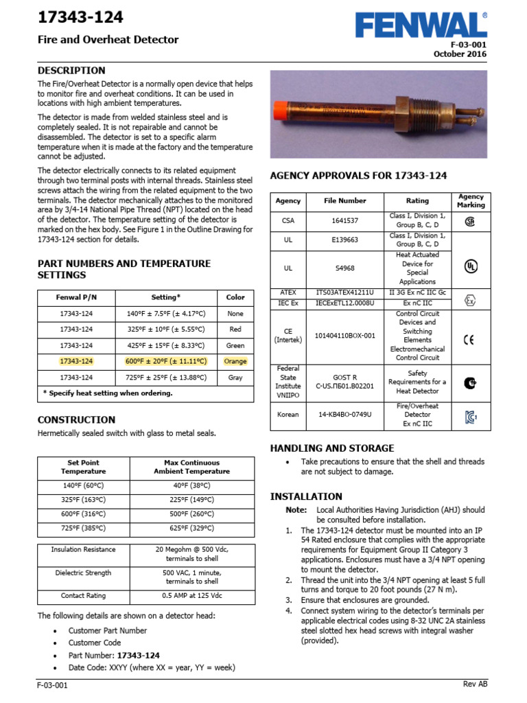 Fenwal 17343-124 Heat Detector Guide | PDF | Screw | Switch