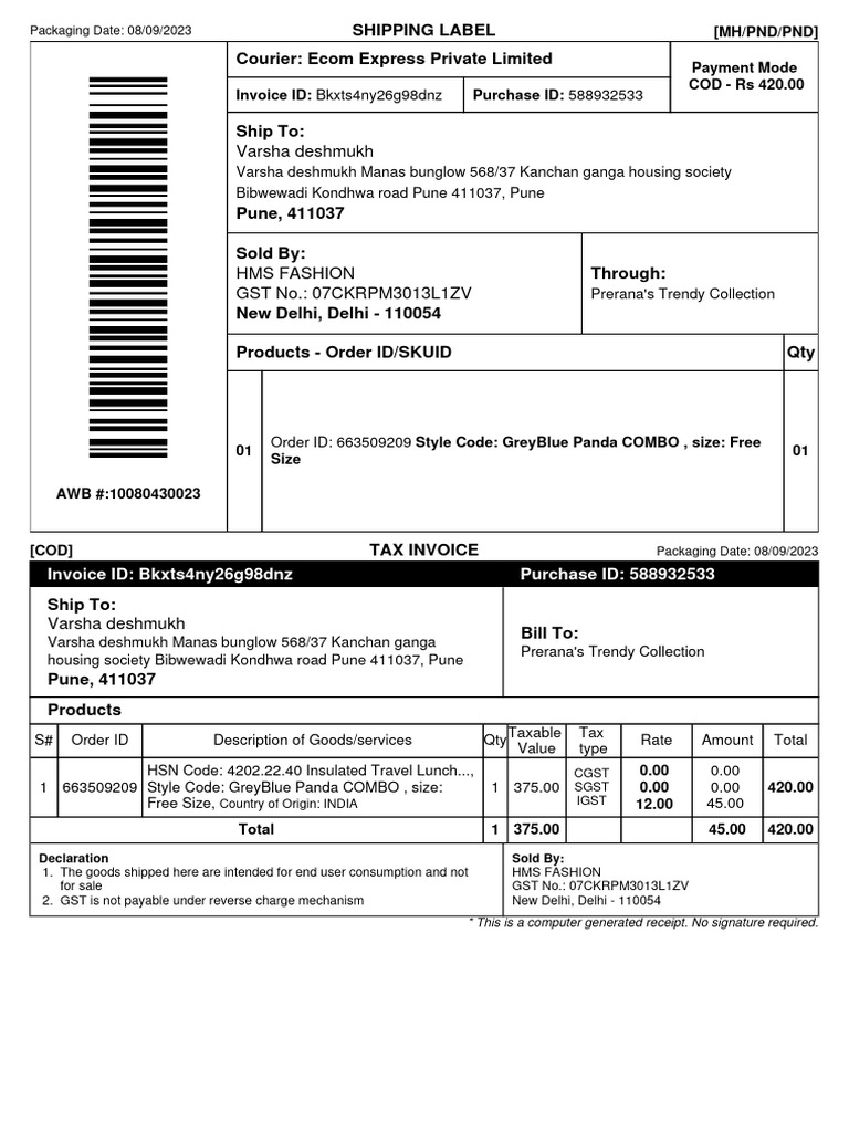 Varsha Deshmukh: Shipping Label Courier: Ecom Express Private Limited ...