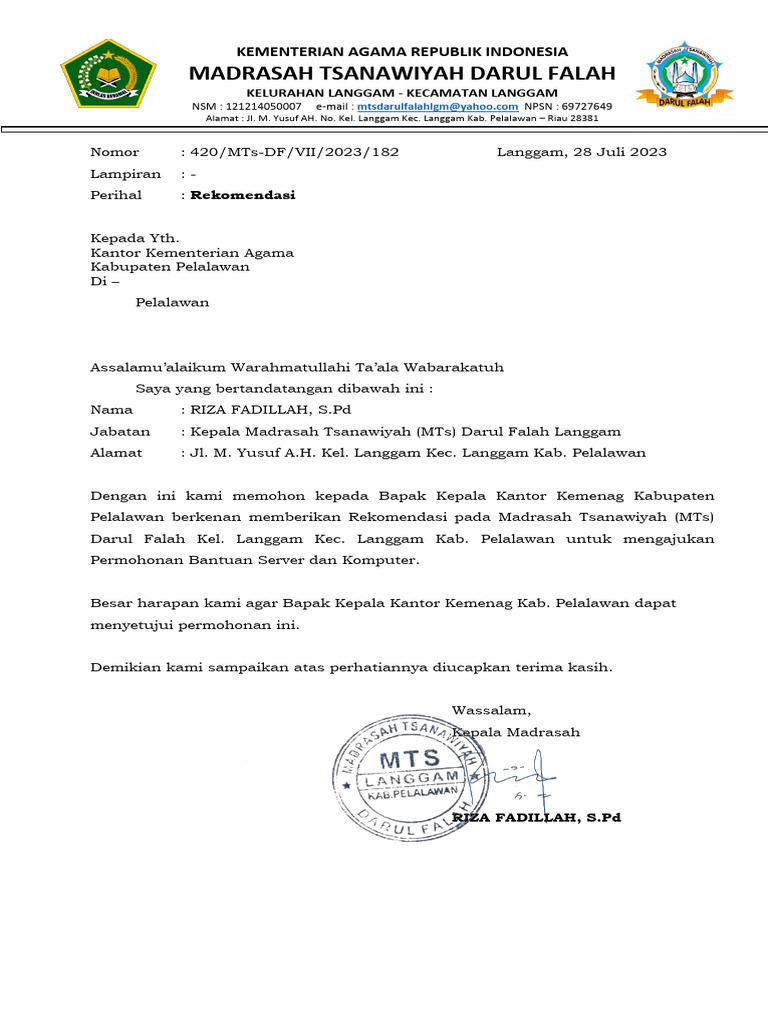 Surat Permohonan Rekomendasi MTs Darul Falah | PDF