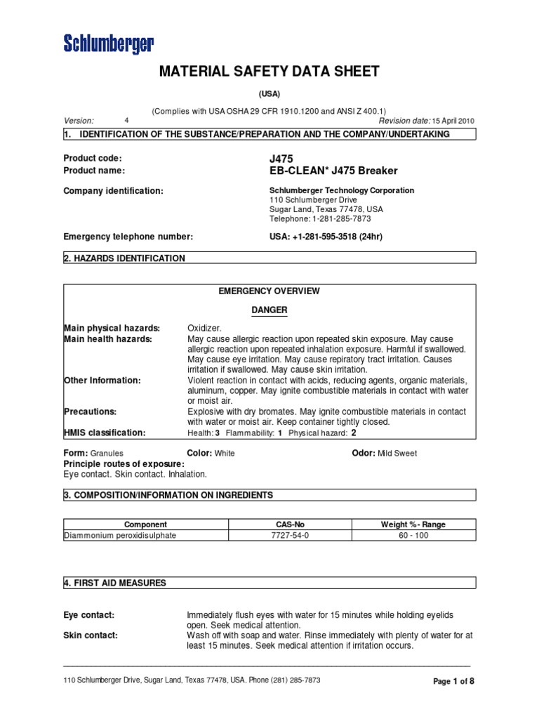 Material Safety Data Sheet: J475 EB-CLEAN J475 Breaker | PDF ...
