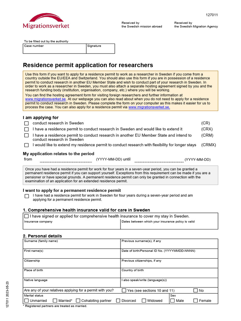 Residence Permit Application for Researchers | PDF | Passport | Sweden