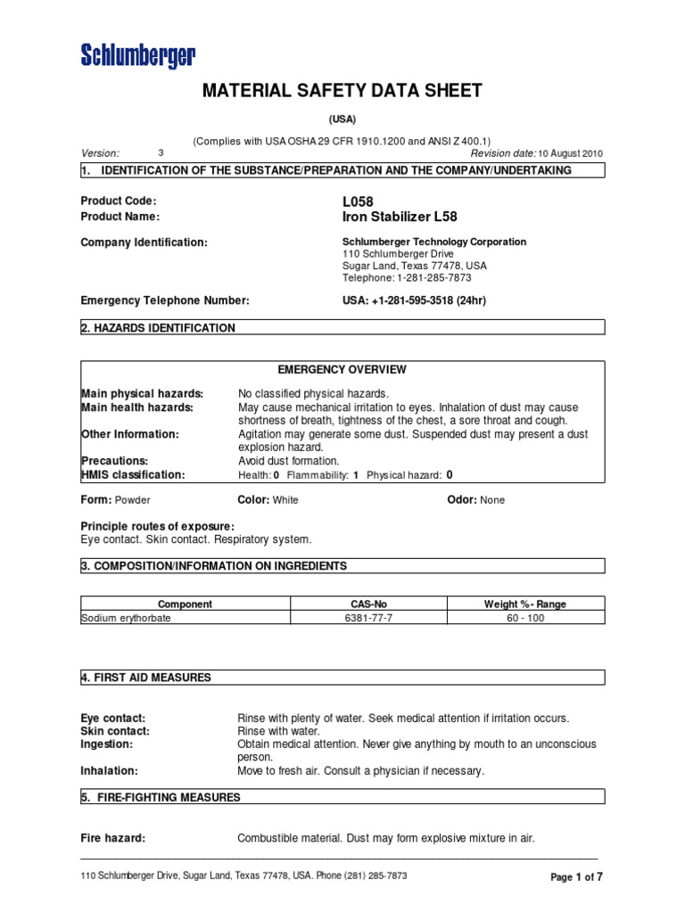 Material Safety Data Sheet: L058 Iron Stabilizer L58 | PDF | Volatile ...