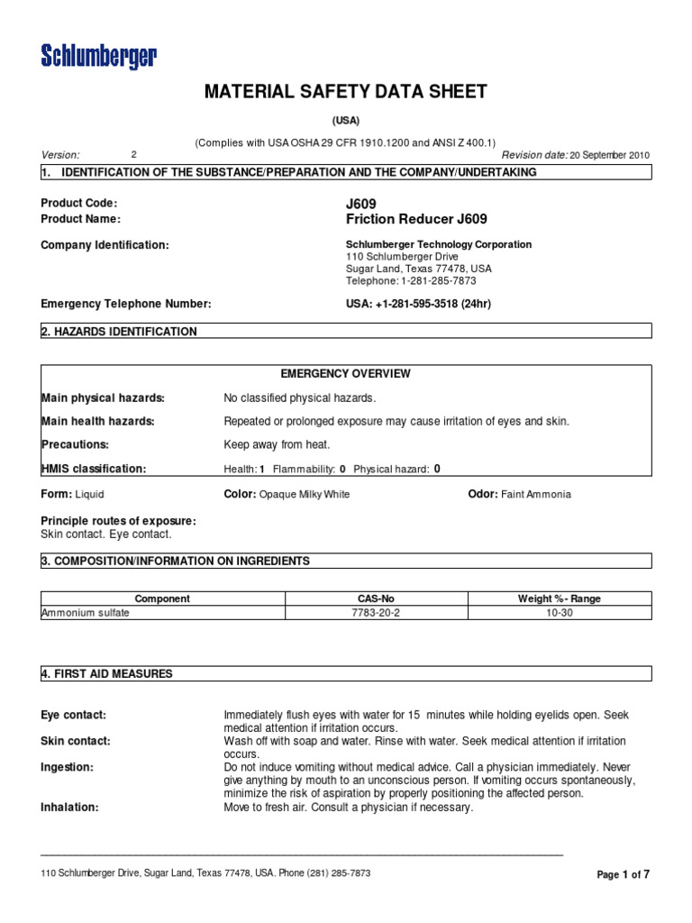 Material Safety Data Sheet: J609 Friction Reducer J609 | PDF ...