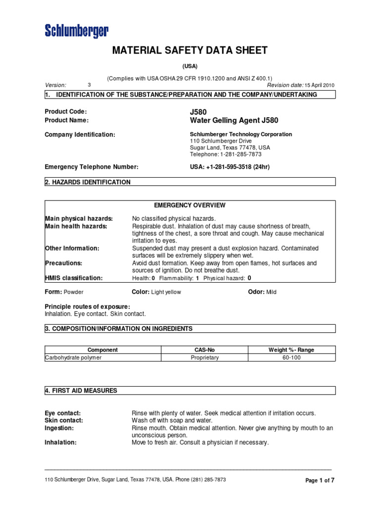 Material Safety Data Sheet: J580 Water Gelling Agent J580 | PDF ...