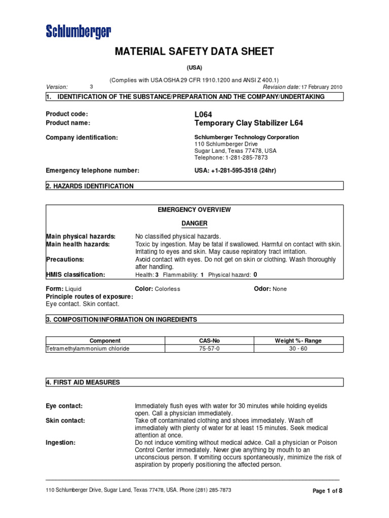 Material Safety Data Sheet: L064 Temporary Clay Stabilizer L64 | PDF | Firefighting | Water