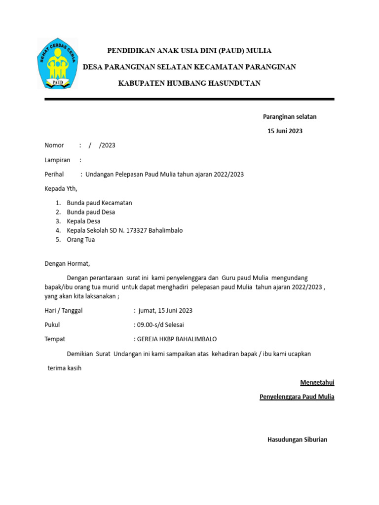 Surat Undangan Rapat Pelepasan Paud | PDF