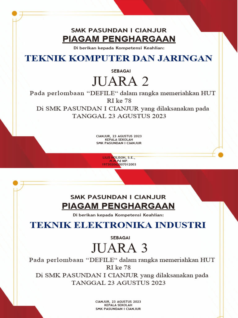 Piagam Penghargaan Juara HUT RI 78 | PDF
