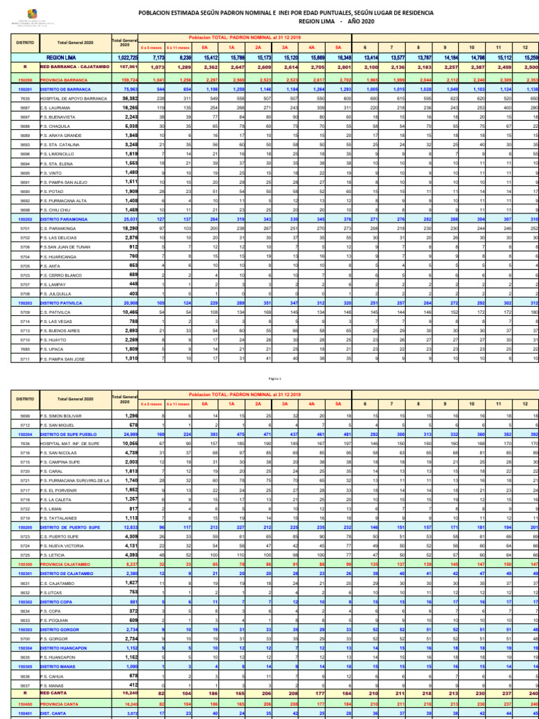 Poblacion Estimada PN e INEI 2020 Por Redes y EESS | PDF