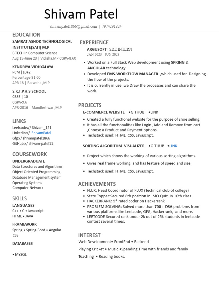 Resume Shivam Patel | PDF | Java Script | Software