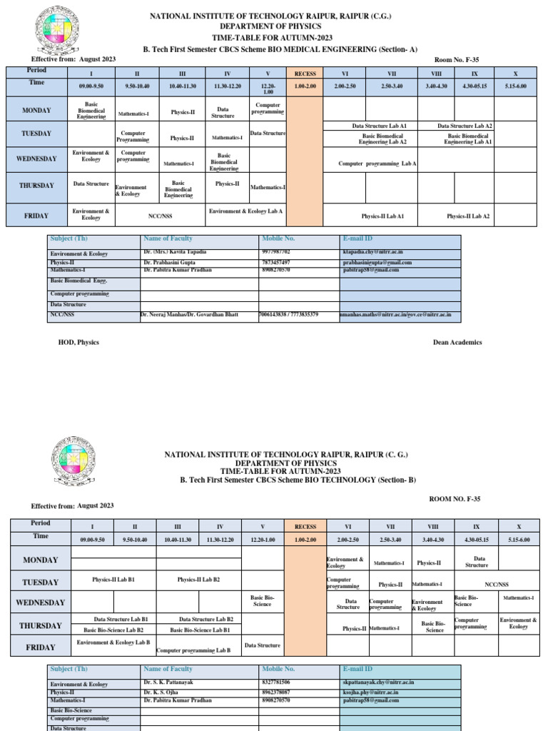 First Semester Time Table Autumn Semester 2023-24 (Tentative ...
