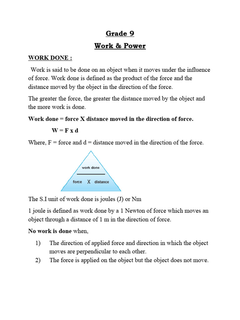 Grade 9 Work & Power Notes | Download Free PDF | Force | Power (Physics)