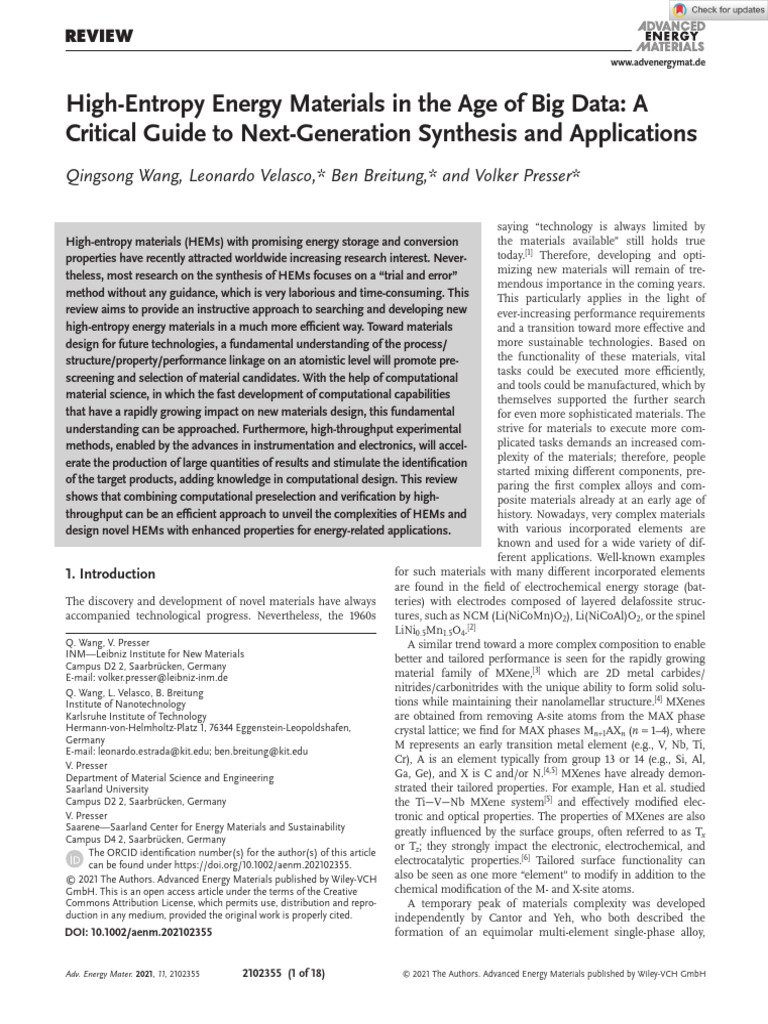Advanced Energy Materials High Entropy Energy Materials in The Age of Big Data | PDF | Physical ...