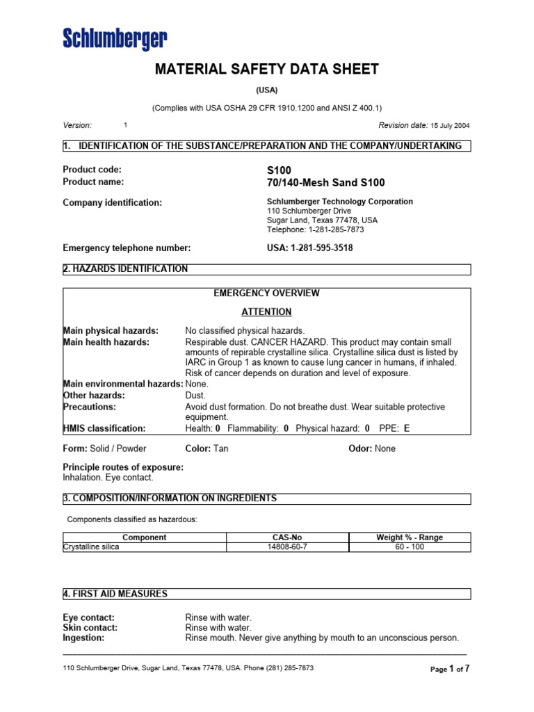 Material Safety Data Sheet: S100 70/140-Mesh Sand S100 | PDF ...