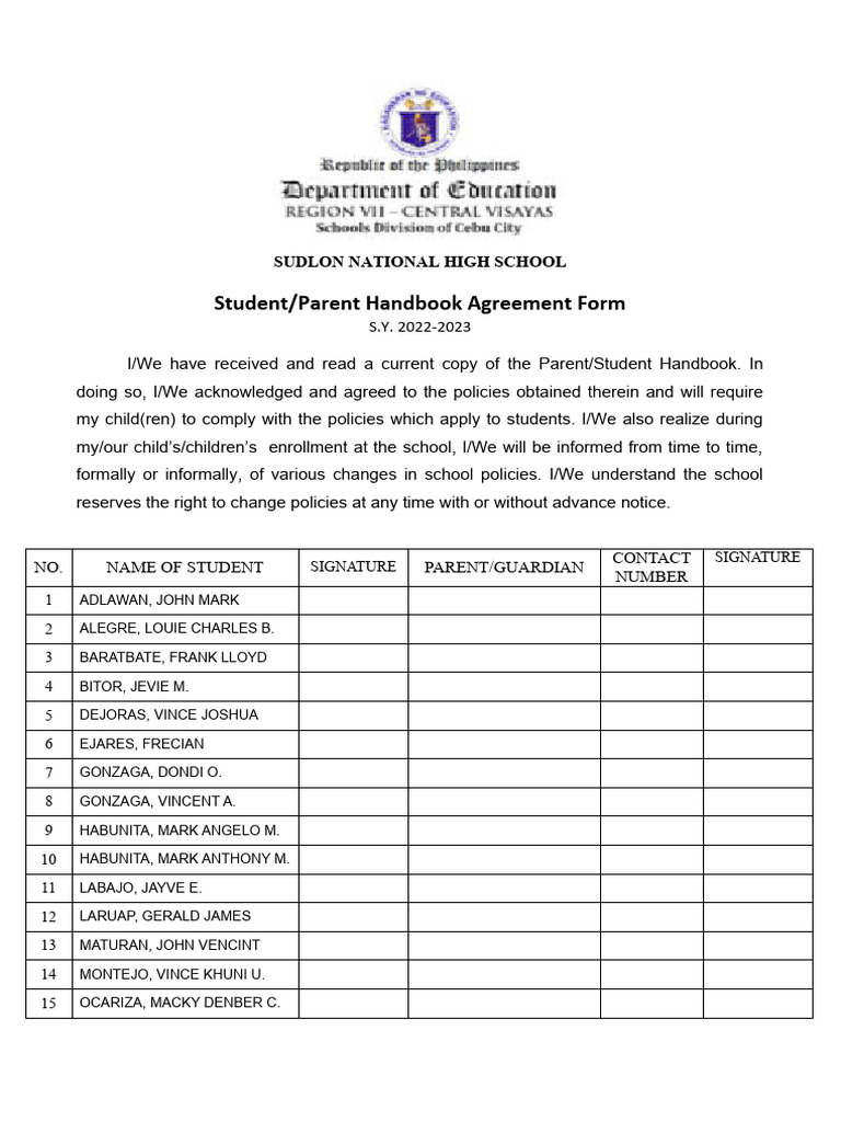 Parent/Student Handbook Agreement 2022-23 | PDF