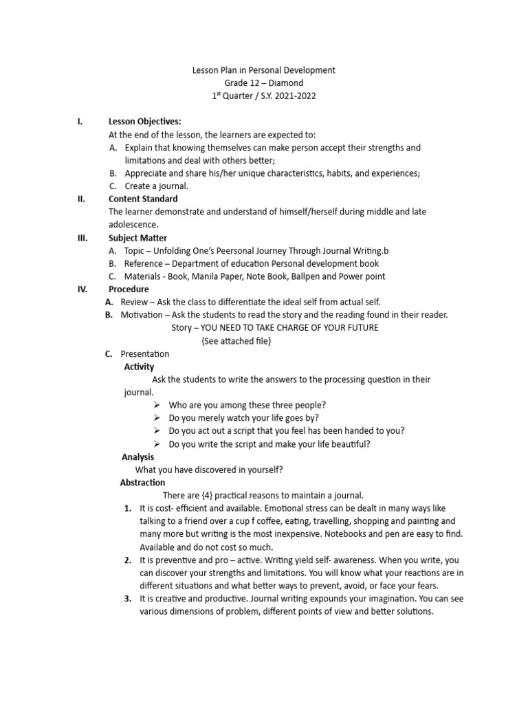 Lesson Plan in Personal Development 1st Quarter | PDF | Books | Lesson Plan