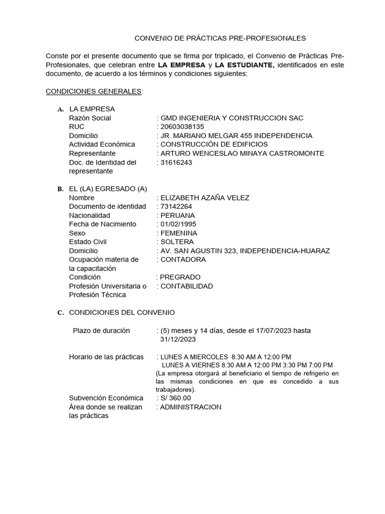 Convenio de Practicas - Azaña Depaz Elizabeth | PDF