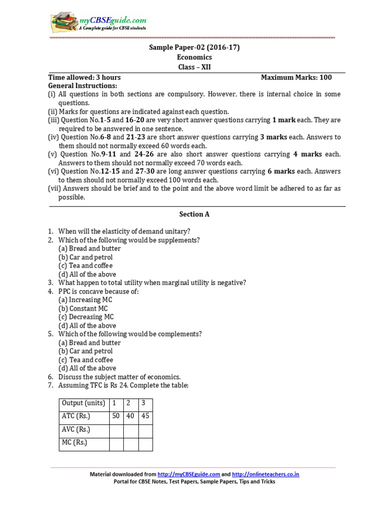 2017 12 Economics Sample Paper 02 QP | PDF | Demand | Price Elasticity Of Demand